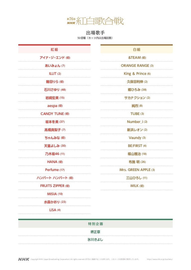 第76回NHK紅白歌合戦 2025｜大みそか放送のタイムテーブル・出場者・曲目