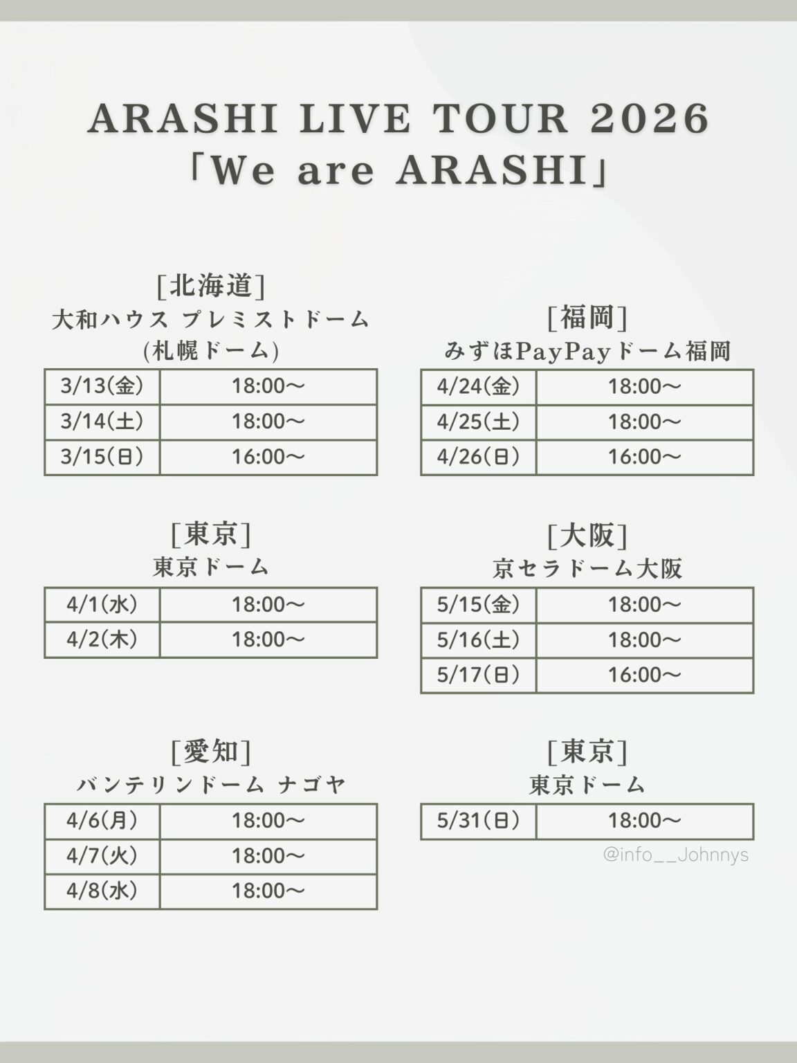 嵐 ラストツアー 5大ドームでライブ 日程詳細｜ARASHI LIVE TOUR 2026 We are ARASHI